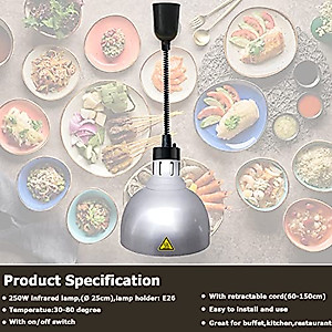 Hanging Food Heat Lamps Ceiling Food Warmer with Infrared Bulb Warming Lamps Retractable Style (Dia25cm(Silver))