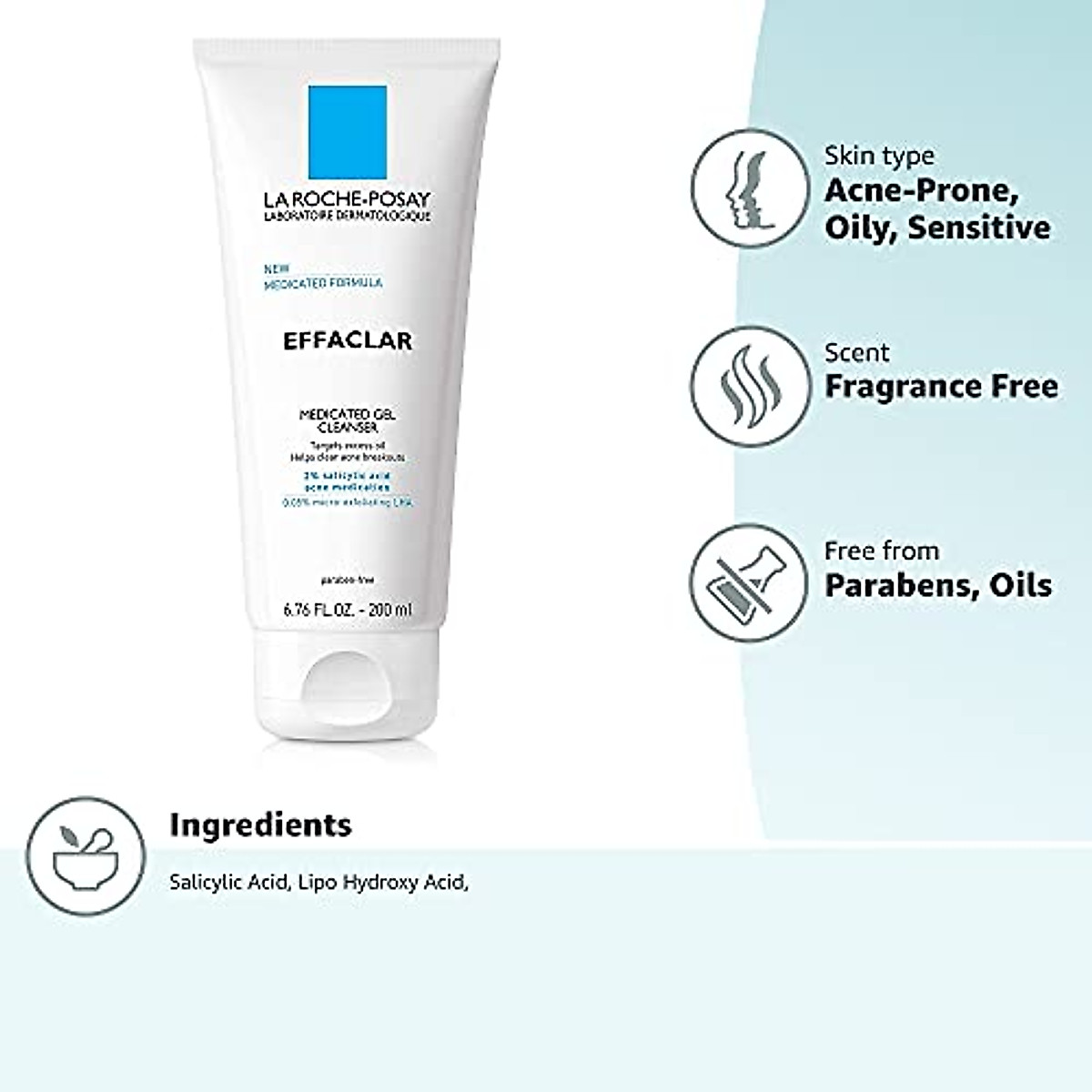 La Roche-Posay Effaclar Medicated Gel Facial Cleanser, Foaming Acne Face Wash with Salicylic Acid, Helps Clear Acne Breakouts and with Oily Skin Control, Oil Free, Fragrance Free