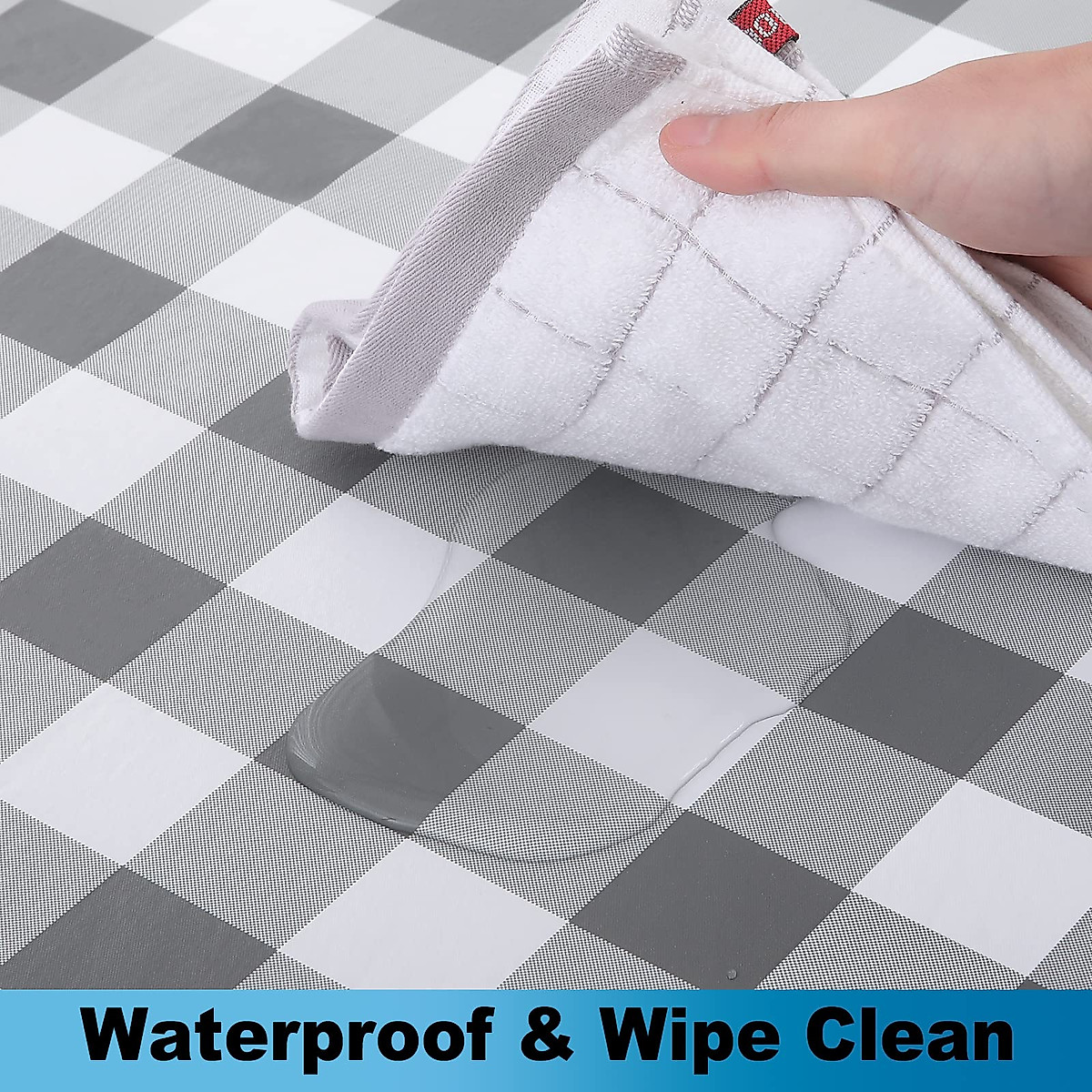 smiry Rectangle Table Cloth Cover, Elastic Waterproof Fitted Vinyl Table Covers for 4 FT Tables, Flannel Backed Buffalo Plaid Tablecloth for Picnic, Camping, Outdoor (White and Grey, 30 x 48 Inches)