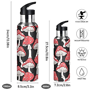 Glaphy Mushrooms Print Water Bottle with Straw Lid, BPA-Free, 32 oz Water Bottles Insulated Stainless Steel, for School, Office, Gym, Sports, Travel