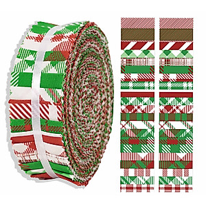 Soimoi 40Pcs Christmas Checks Print Precut Fabrics Strips Roll Up 1.5x42inches Cotton Jelly Rolls for Quilting - Red & Green