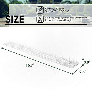 Buzzlett 27.8ft (Pack of 20) Transparent Plastic Bird Defender Spikes for Indoor Outdoor use Keep Pigeon, Squirrel Off Strips
