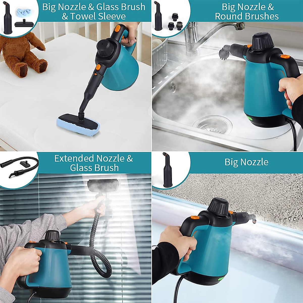 Handheld Steam Cleaner for Home Use, with Steam Lock Button & 10-Piece Accessory Set, Pressurized Steam Cleaner Hand Held, Portable Steamer for Cleaning Car, Tile Grout, Upholstery, Furniture, Shower
