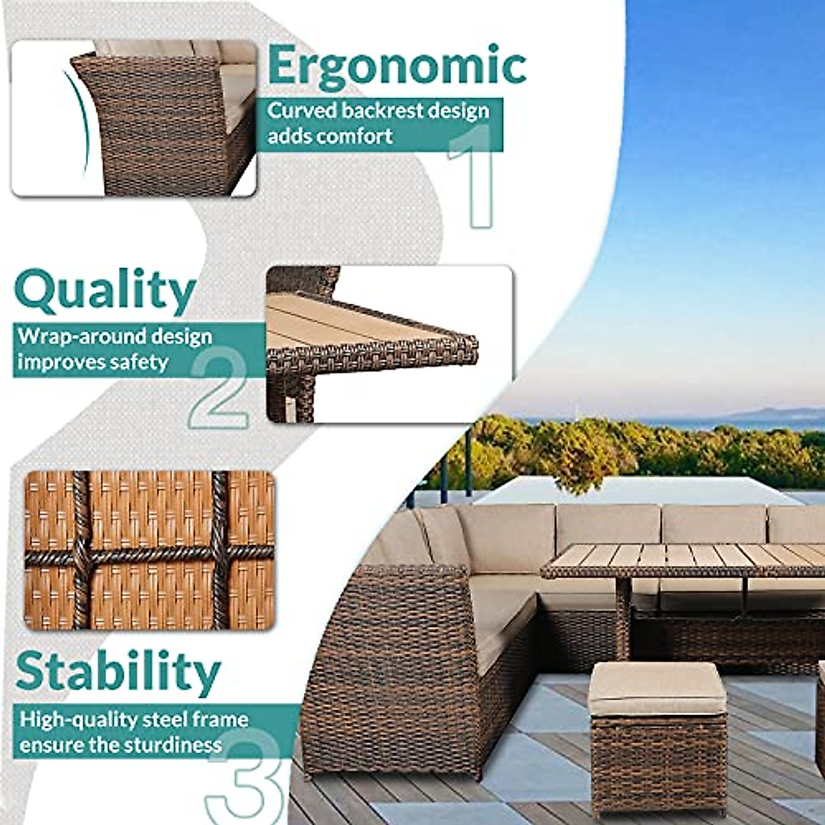 MEETWARM 7 Pieces Wicker Patio Furniture Set Outdoor Conversation Set All Weather Rattan Sectional Sofa Couch Garden Dining Table Chair Set with Ottoman (Brown)