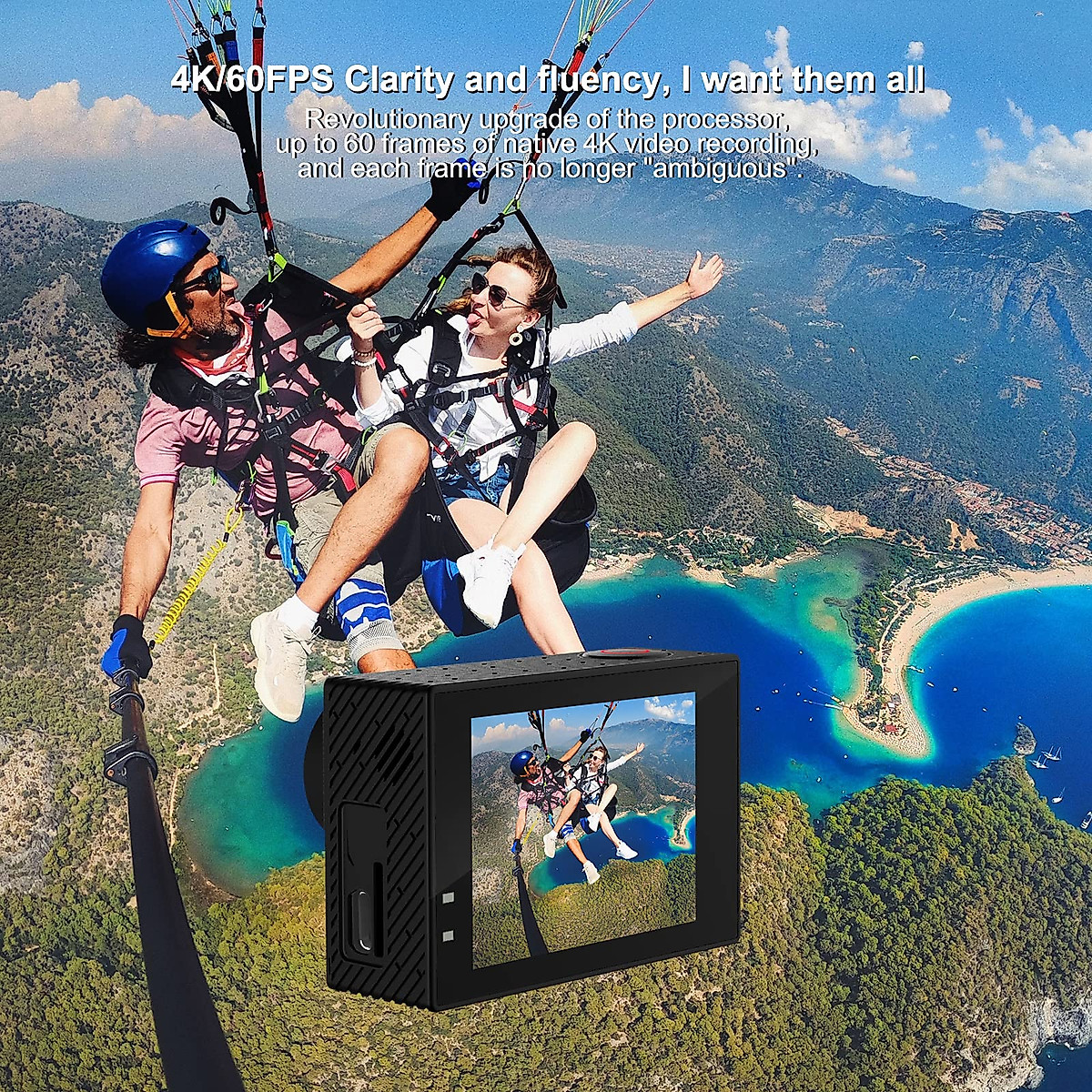 SJCAM SJ6Pro 4K60fps 24MP Dual Screen Action Camera with WiFi, 6-aixs Image Stabilization,170° FOV 8X Zoom, Underwater 40m Waterproof Camera Support External MIC, 2 * 1000mAh/64G Card/Ride Kits