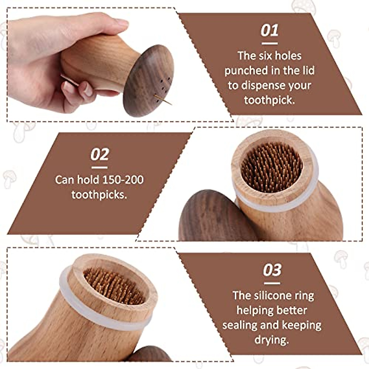 Norme 2 Pcs Toothpick Holder Dispenser with 400 Pcs Bamboo Toothpicks Wooden Toothpick Dispenser Container Cute Decorative Mushroom Tooth Pick Holders for Kitchen Restaurant Home