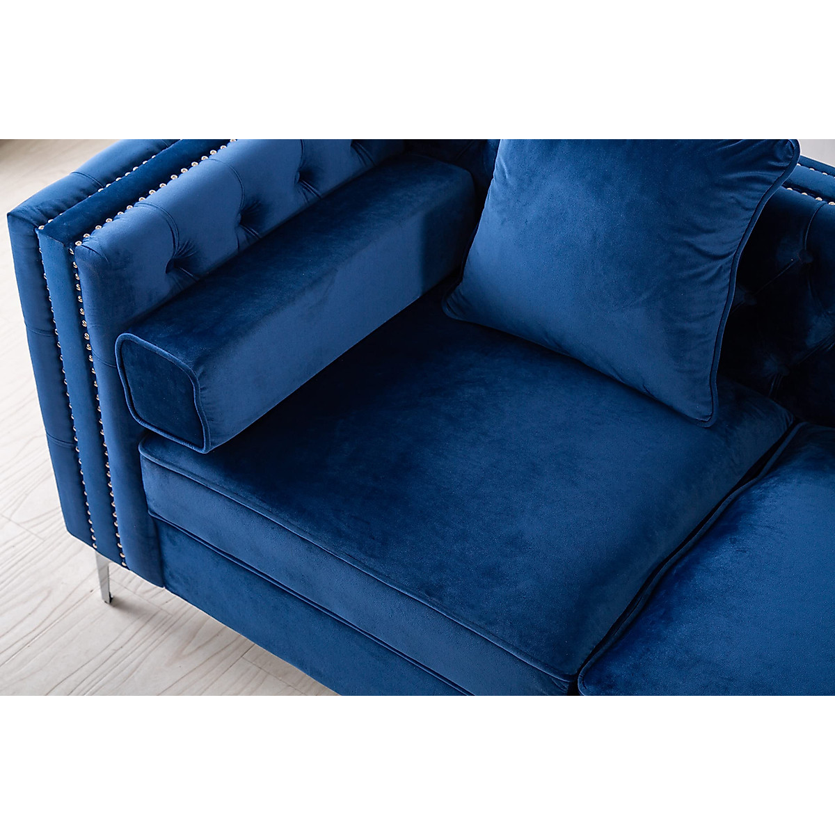 Legend Furniture Velvet Big Comfy Couch Living Room Square Arm Chesterfield 3seats Sofas, 104'', Blue