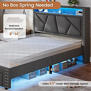 VIAGDO Twin Bed Frames with LED Lights, Upholstered Platform Bed Frame Twin Size with Storage Headboard and Charging Station, LED Twin Bed Frame, No Box Spring Needed, Dark Grey