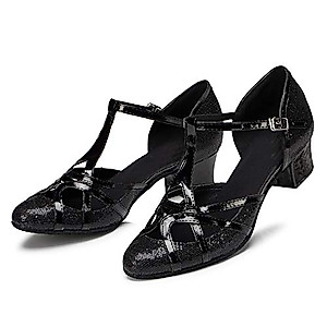 Minishion Women's T-strap Dance Heels Black/3.5cm Heel Glitter Salsa Ballroom Shoes US 10