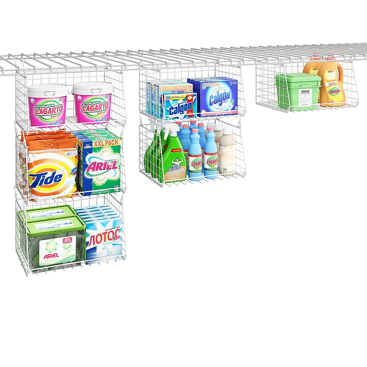 3-Tier Hanging Laundry Basket Organizer：Foldable Wire Shelf Laundry Room Organizer with 360°Rotating Hooks Space Saving Over Washer and Dryer Shelves - Metal laundry organization and storage, white