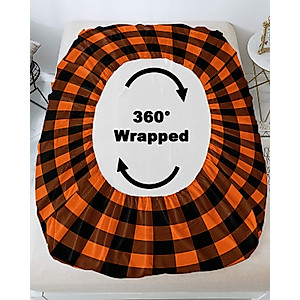 Farmhouse Orange Black Buffalo Plaid Fitted Bed Sheets Full Size Fit 5-16inch Deep Pockets,Luxury Bottom Sheet Bedding Set with Pillow Case,Gingham Lattice Fitted Sheet for Mattress