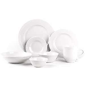 HomeVss, Pearl Dots Stoneware Dinnerware Set (56pc Set, White)