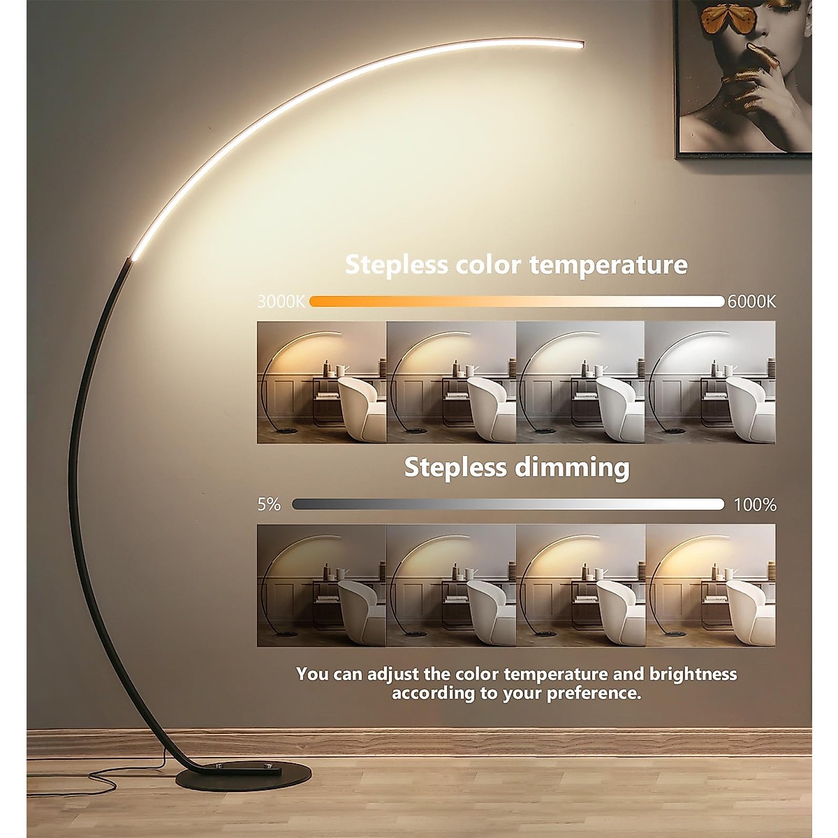 Dimmable Arc Floor Lamp with Remote Control, 67'' Black Modern LED Standing Lamps Tall Lamp, Arched Floor Lamp for Living Room, 3 Color Temperatures, Reading Floor Lamps for Bedroom Office Home