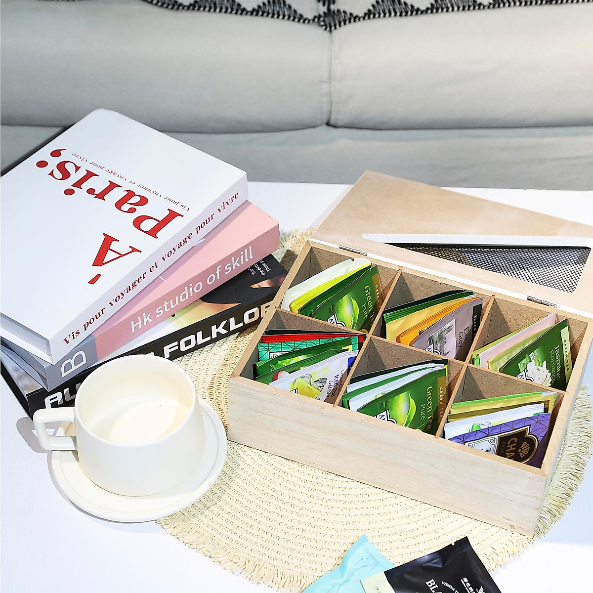 Wooden Tea Bag Organizer，Tea Organizer for Tea Bags，6 Compartments Tea Box Organizer，Tea Bag Holder Organizer,Tea Storage Box for Office Kitchen Cabinet