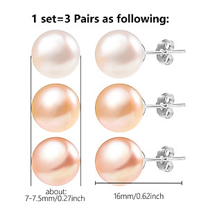 3 Pairs 925 Sterling Silver Cultured Pearl Stud Earrings Set AAA Pearl Studs Hypoallergenic Sterling Silver Post Pearl Earrings for Women(White/Pink/Purple 7mm)