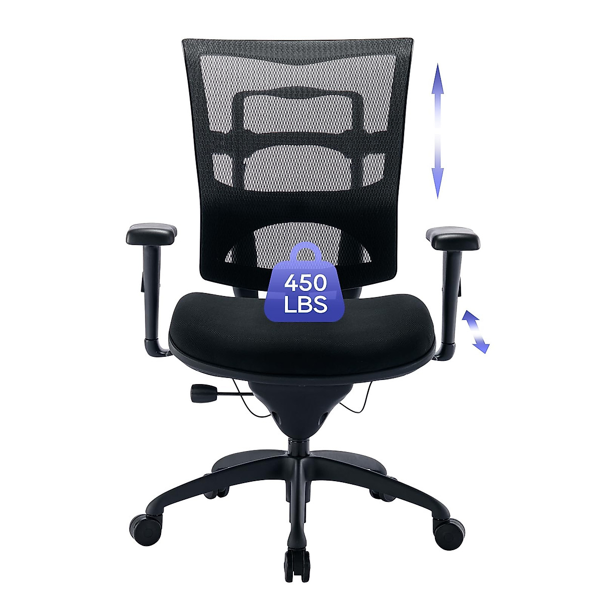 Big and Tall Office Chair 450lbs, Heavy Duty Ergonomic Mesh Chair with Height Adjustable Backrest, Large Office Chair, Arms Sliding Seat，Black