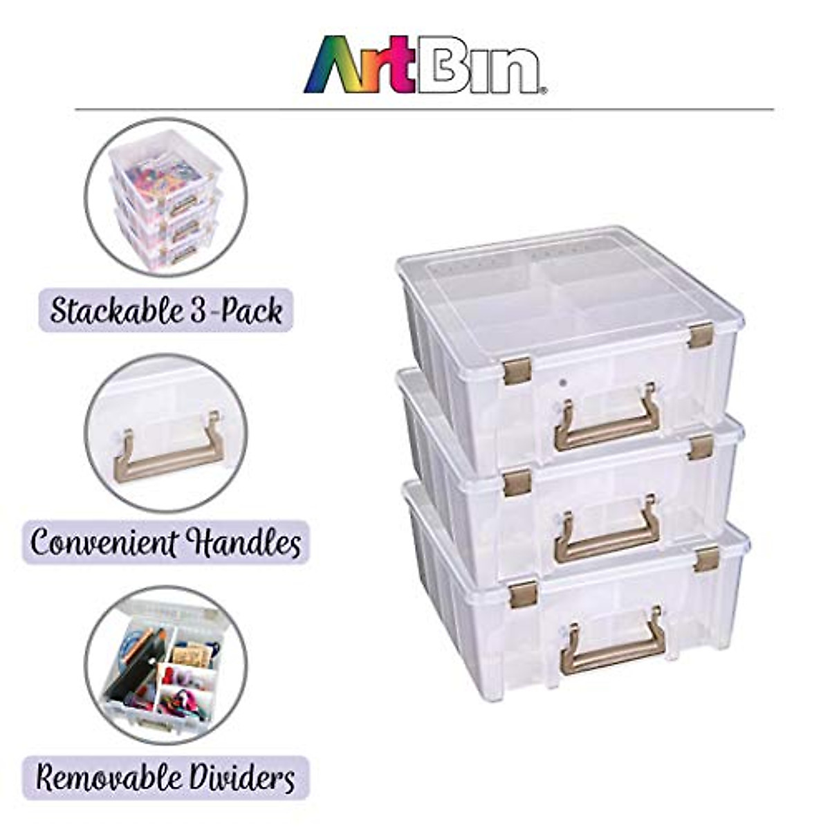 ArtBin 6990ZZ Super Satchel Double Deep 3-Pack, Portable Art & Craft Organizers with Handles, [3] Plastic Storage Cases, Clear & Gold