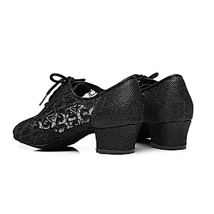 Minishion Women's Floral Mesh Lace-up Low Heel Ballroom Latin Dance Shoes Prom Pumps Black US 8.5