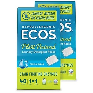 ECOS Laundry Detergent Packs, 80 Loads - 100% Plastic Free Packaging - Convenient No Mess Washing Soap Packs - Hypoallergenic for Sensitive Skin - Free & Clear