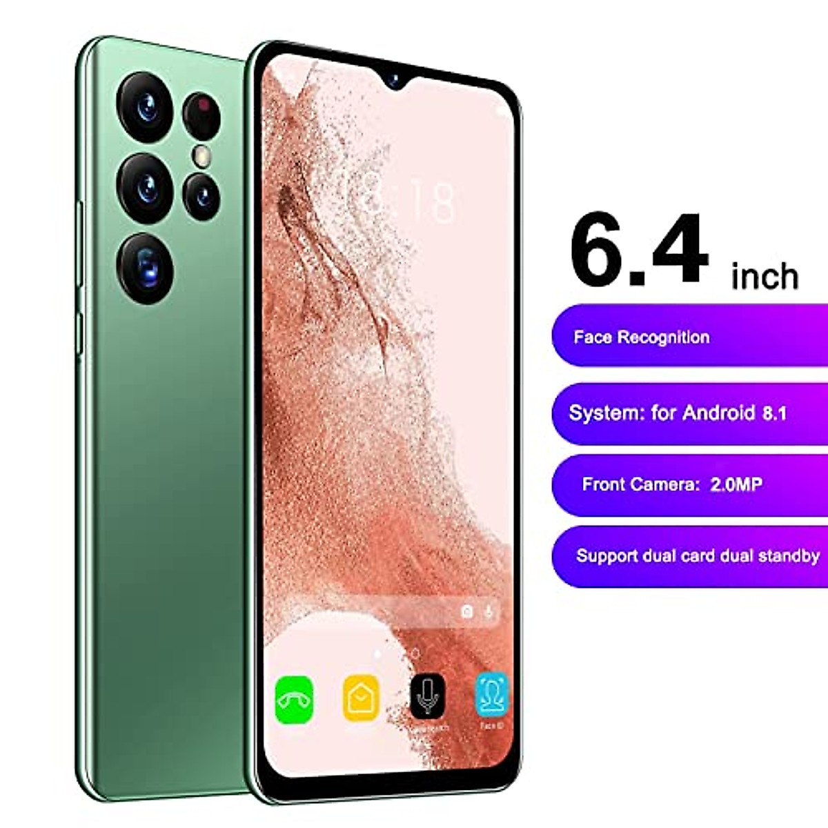 Heayzoki Unlocked Cell Phones, S22 Ultra 6.4 Inch Mobile Phone Hd Screen 16Gb 2GB Smartphone Set Face Unlocked Cell Phone for Android 8.1(Green)