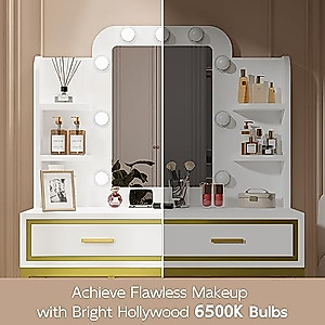 Buytime Vanity Desk with Mirror and Lights, Makeup Vanity Table with 9 LED Lights, 2 Drawers and 4 Storage Shelves, Modern Vanity Set for Bedroom (White)