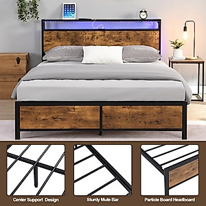 anwickjeff Modern Industrial Queen Bed Frame with LED Lights, Storage Headboard and USB Ports, Queen Size, 800lbs Capacity, Rustic Brown