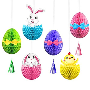 6Pcs Easter Bunny Decorations, Easter Hanging Eggs Ornaments Easter Decorative Colorful Rabbit with 3D Honeycomb Paper Egg Ball Suitable for Easter Bunny Theme Decoration for Birthday Party