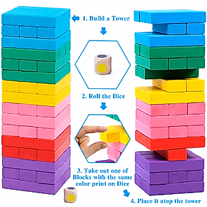 Stacking Board Game,Colored Wooden Stacking Game,48PCS Tumble Tower With Dice,Colorful Stacking Block Party Game,Educational Stacking Building Blocks For Kids,Stacking Gifts Set For Boys Girls Adults
