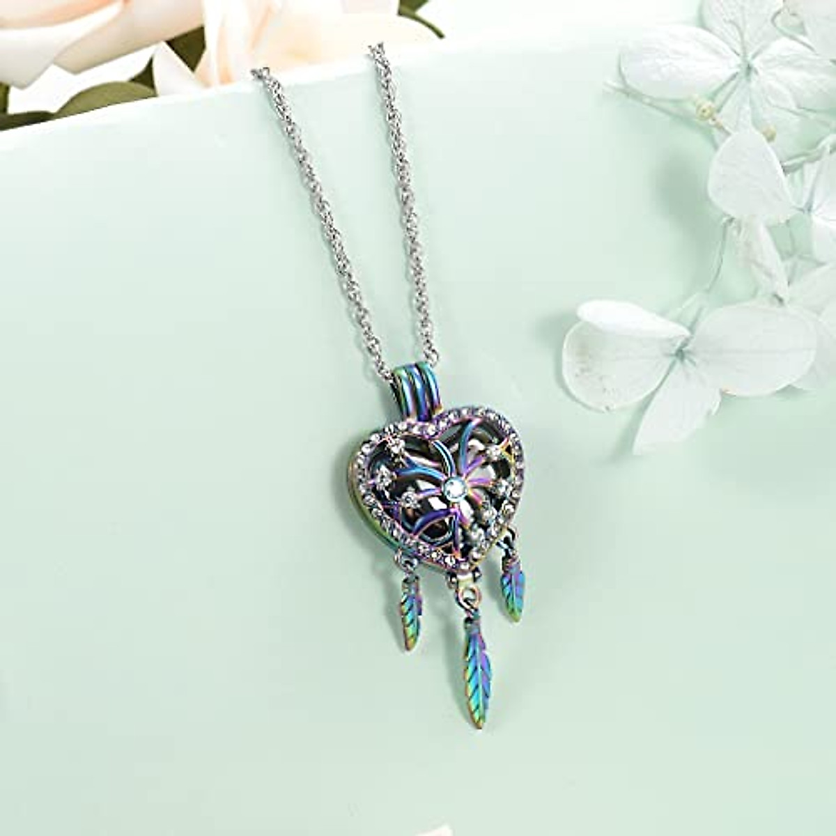 shajwo Cremation Jewelry Dream Catcher Heart Urn Necklace for Ashes for Women Men Keepsake Memorial Hollow Pendant,Rainbow-Silver