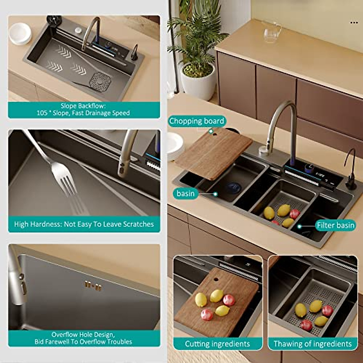 Single Bowl Workstation Kitchen Sink Stainless Steel Waterfall Sink With Multifunctional Digital Display Faucet And Sink Accessories (Color : Black, Size : 75x45cm)