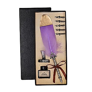 Quill Pen Set Feather Pen and Ink Set, Antique Calligraphy Dip Pen with Ink, 5 Replacement Nibs, Pen Stand Base, Luxury Vintage Signature Pen for Invitations Letters (Purple)