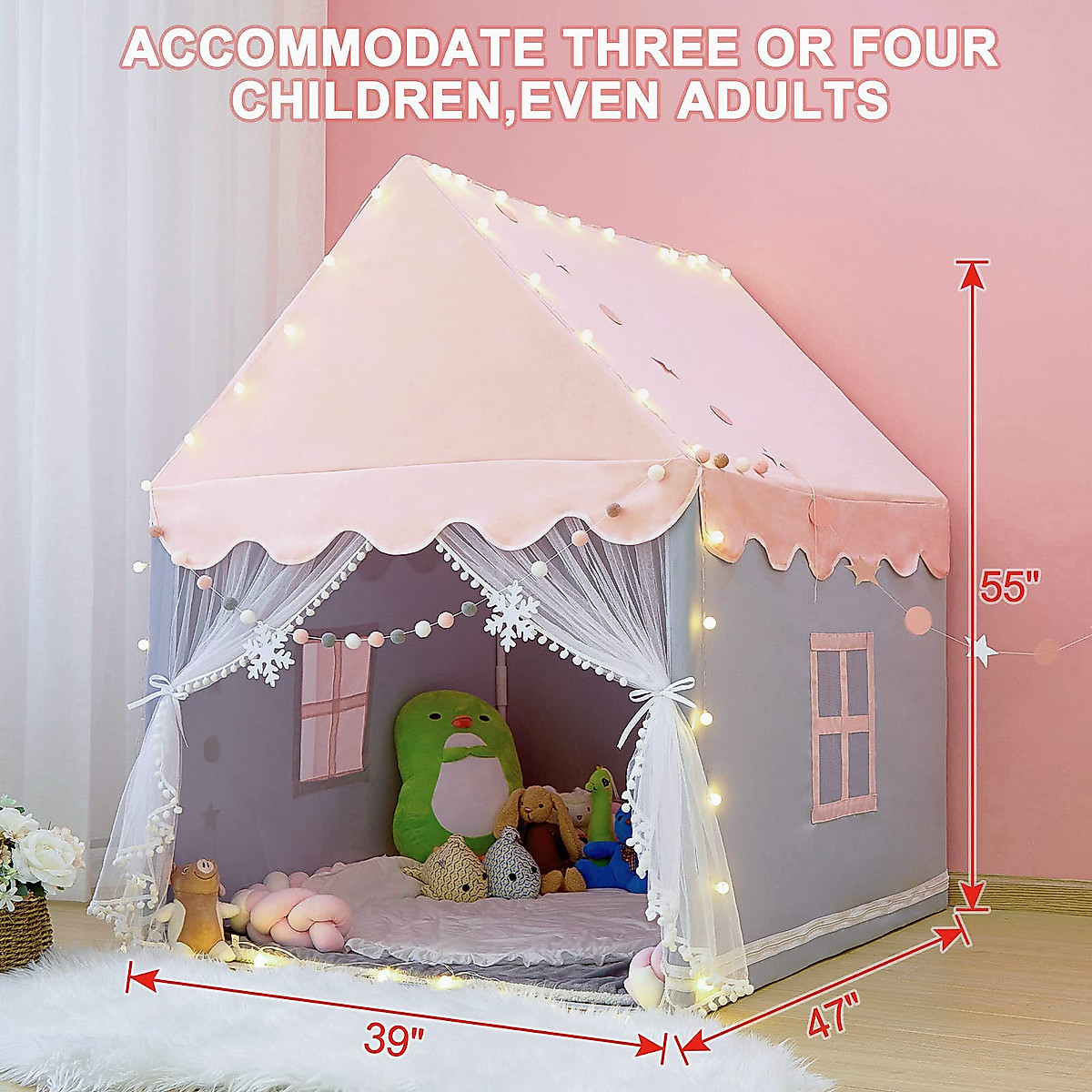 Princess Tent for Girls with LED Fairy Lights, Kids Play Tent Large Playhouse, Indoor Tent Castle for Kids,Outdoor Kids Toddlers Playhouse Imaginative Child’s Game Play Tent Decoration Pink
