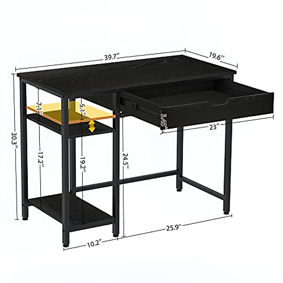Rolanstar Computer Desk with Shelves and Drawer, 39" Home Office Writing Desk, Laptop Study Table Workstation,Business Style, Stable Metal Frame, Black