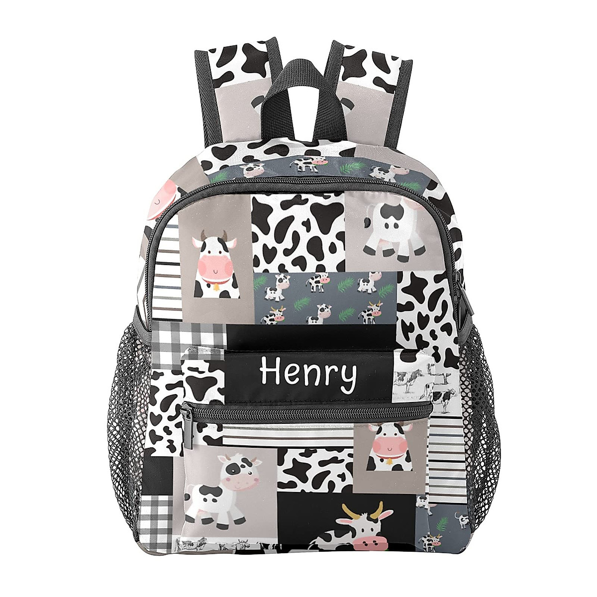 Grandkli Cow Print Plaid Gray Personalized Kids Toddler Backpack for Boys Girls ,Custom Mini School Backpack Bags Kindergarten, 10 in(L) x 4 in(W) x 12 in(H)