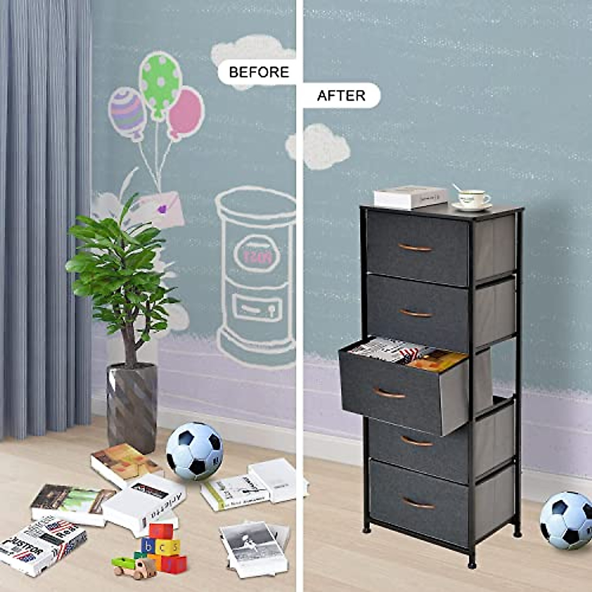 WAYTRIM Dresser Storage Tower, 5 Fabric Organizer Drawers, Wide Chest of Drawers for Closet Boys & Girls Bedroom, Bedside Furniture, Steel Frame, Wood Top, Fabric Bins, Easy Installation (Dark Grey)