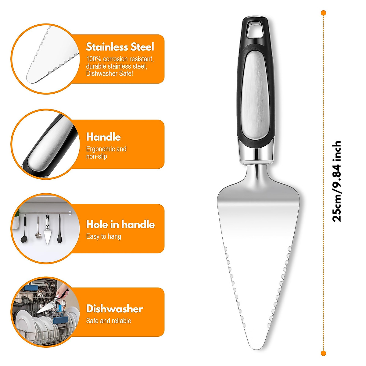 Rainspire Pie Server Spatula Stainless Steel, Pie Cutter Cake Cutter Slicer, Cake Server Spatula, Dishwasher Safe, Edges On Both Sides, Black