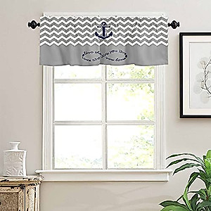Artwork Store Valances Windows Curtain Blue Anchor Gary and White Zig Zag Pattern Kitchen Valances Rod Pocket Window Treatment Short Curtains Valance for Window 1 Panel,60 by 18 inches