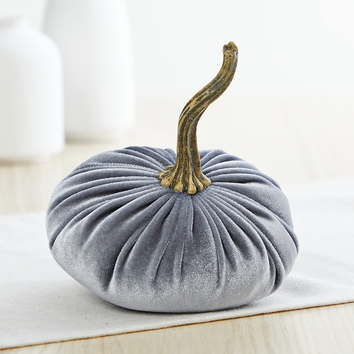 Set of 4 Small Velvet Pumpkins, Handmade Home Decor, Holiday Mantle Decor, Fall Halloween Thanksgiving Centerpiece, Rustic Fall Wedding Centerpiece (2 Luxe Platinum, Gray, Ivory)