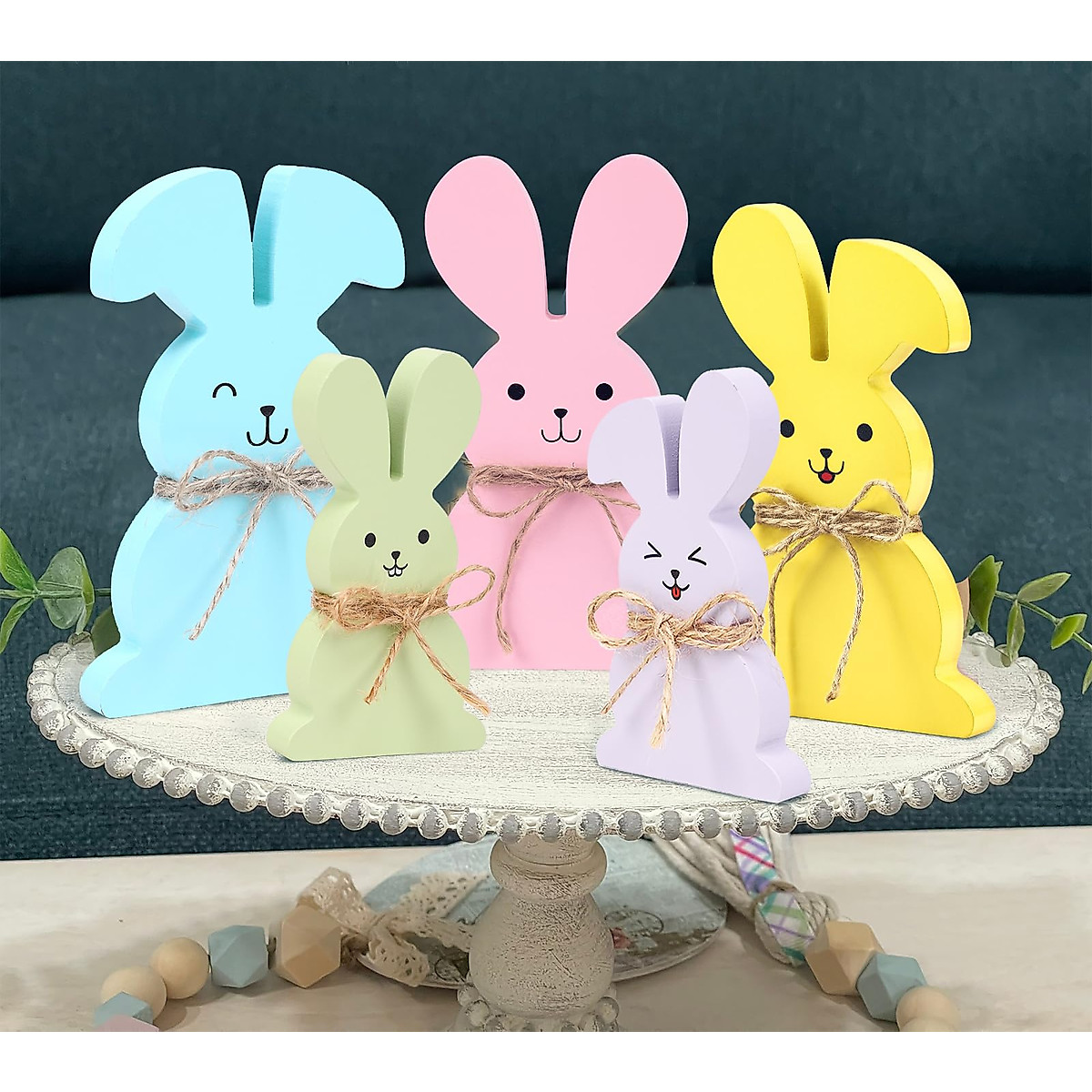 Inwnpio Easter Decorations for the Home - Easter Bunny Wooden Sign Table Decoration Centerpieces with Rope Tabletop Spring Decor 3PCS