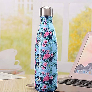 17oz Stainless Steel Travel Water Bottles, Double Wall Vacuum Insulated Reusable Leakproof BPA Free Cola Shape Thermos With Cleaning Brush, 24 Hours Cold 12 Hours Hot Metal Water Bottle, Blue Flamingo