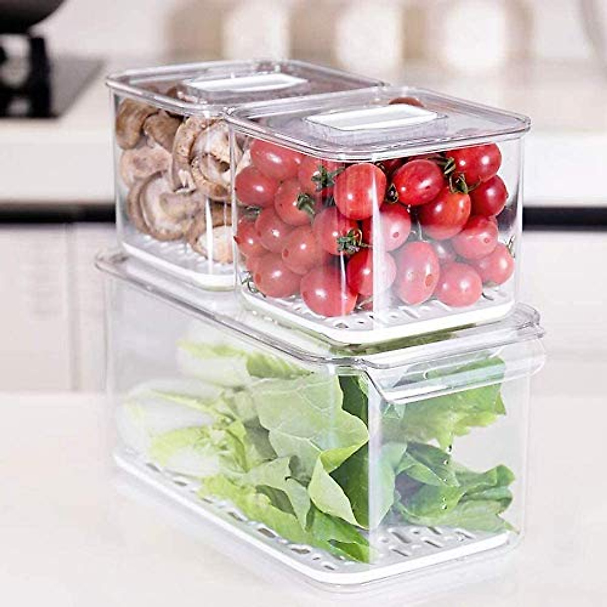 Benzoyl Refrigerator Organizer Bins Lettuce Keeper, Stackable Food Storage Bins Fridge Produce Saver with Removable Drain Tray, Keep Fresh Clear Containers for Berry, Fruits, Veggie -3 Pack