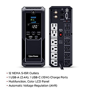 CyberPower CP1500AVRLCD3 Intelligent LCD UPS System, 1500VA/900W, 12 Outlets, 2 USB Ports, AVR, Mini Tower, Black