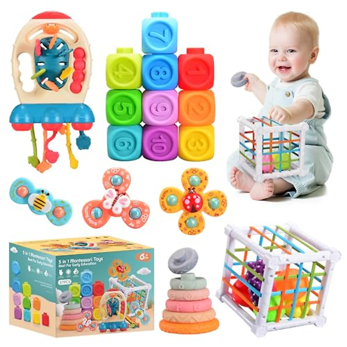 Hamiface 5 in 1 Baby Montessori Toys Set 6 Months and Up Toddler Toys Including Baby Blocks, Pull String Toy, Soft Stacking Rings, Sensory Toys for 1 2 3 4 5 6 Year Old Boys Girls