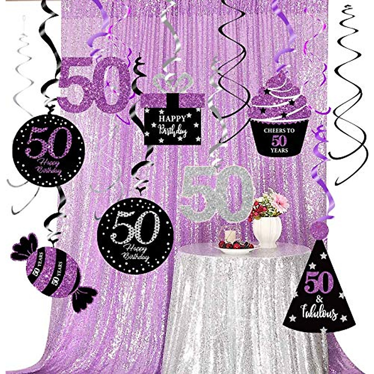 50th Birthday Decorations for Women Purple Silver Black Qian’s Party Purple Silver Black Foil Hanging Swirls Decorations 50th Birthday Party Hanging Decor – Women 50th Birthday Party Decoration Swirls - Set of 15