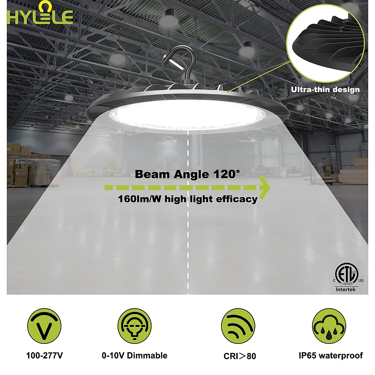Hylele UFO LED High Bay Light 150W-120W-100W Adjustable Commercial Bay Lighting 24000lm 6000K/5000K/4000K 0-10V Dimmable, Motion Sensor & Remote Control