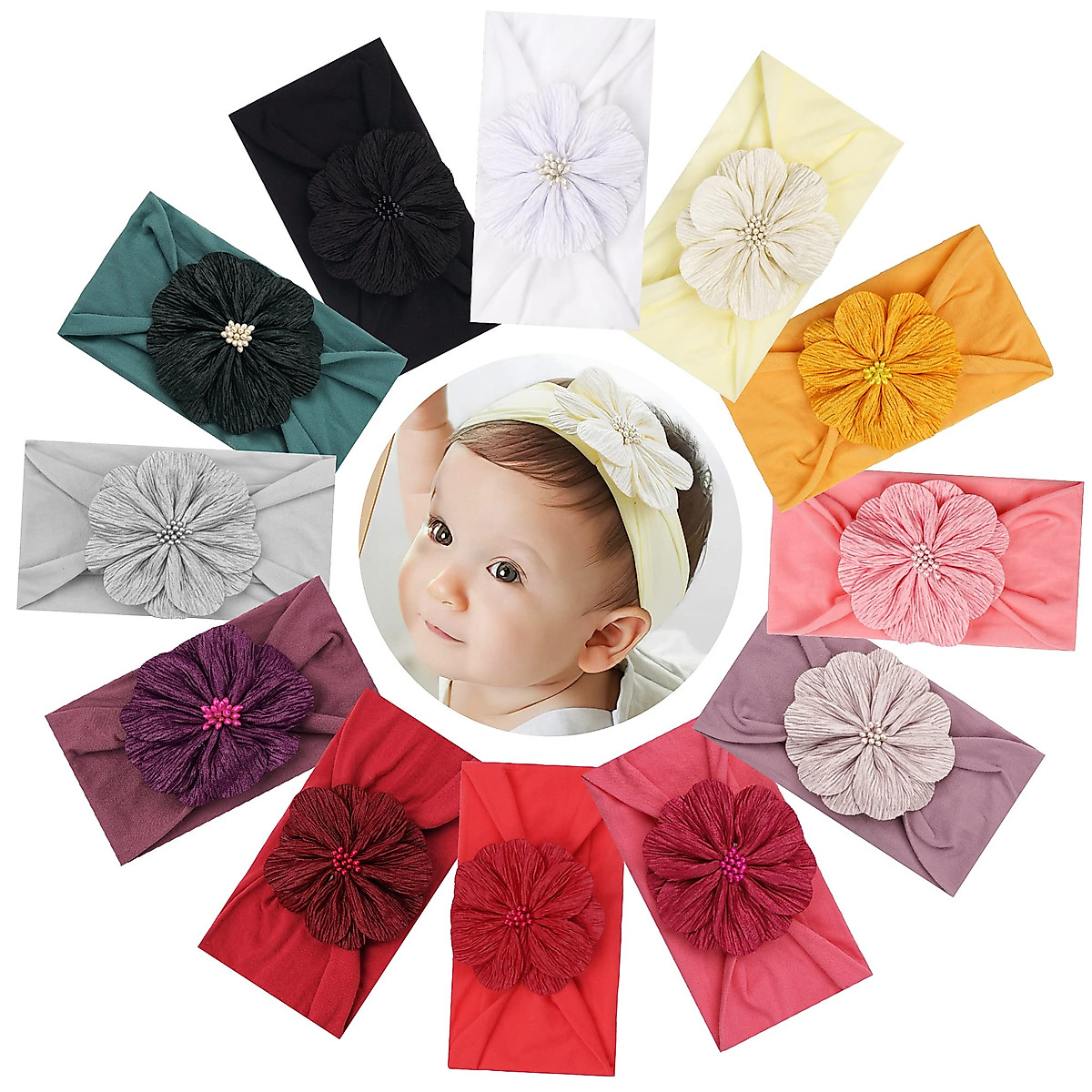 CellElection 12PCS Baby Flower Headbands Handmade Flower Hair Bow Knotted Soft Nylon Hairbands Turban Head Wrap Hair Accessories for Baby Girls Newborns Toddlers Infants