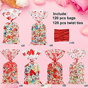 Konsait Valentine's Day Heart Love Cellophane Treat Bags, 120 Pcs Red Heart Love Candy Wrapper Bags with Twist Ties for Baby Shower Birthday Party Favors Valentines Cookies Goodie Gift Bags