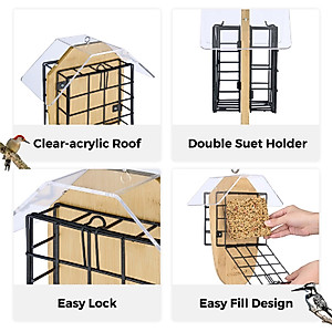 Kingsyard Double Suet Bird Feeder with Tail-Prop & Weatherproof Roof, Metal Cage Suet Feeders for Outside Hanging, Great for Woodpecker, Chickadee, Nuthatch