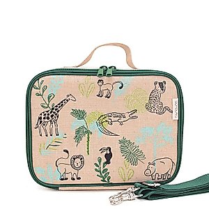SoYoung Insulated Lunch Bag for Boys and Girls, Reusable Lunch Box with Removable Liner, Adjustable Strap and Pocket, Machine Washable Portable Bag with Handle for School, Picnic (Safari Friends)