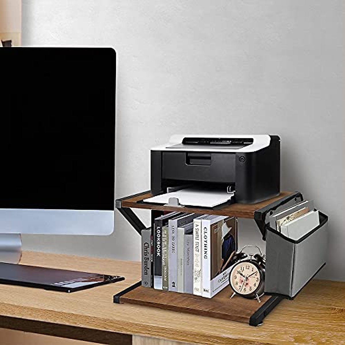 Y&ME YM Desktop Printer Stand with Storage Bag, 2 Tier Desktop Organizer Shelf, Rustic Wood Printer Table with Adjustable Anti-Skid Pads, Under Desk Printer Shelf for Fax Machine, Scanner, Files